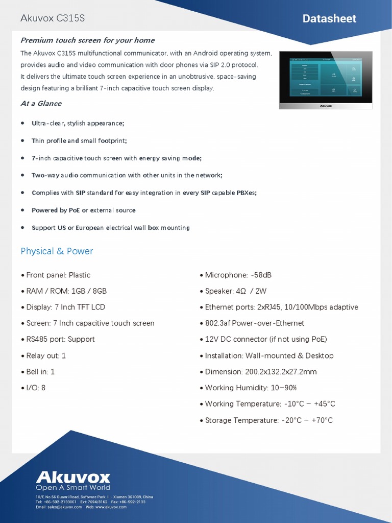 Akuvox C315S Datasheet - 190917 - V2.0 | PDF | Session Initiation ...