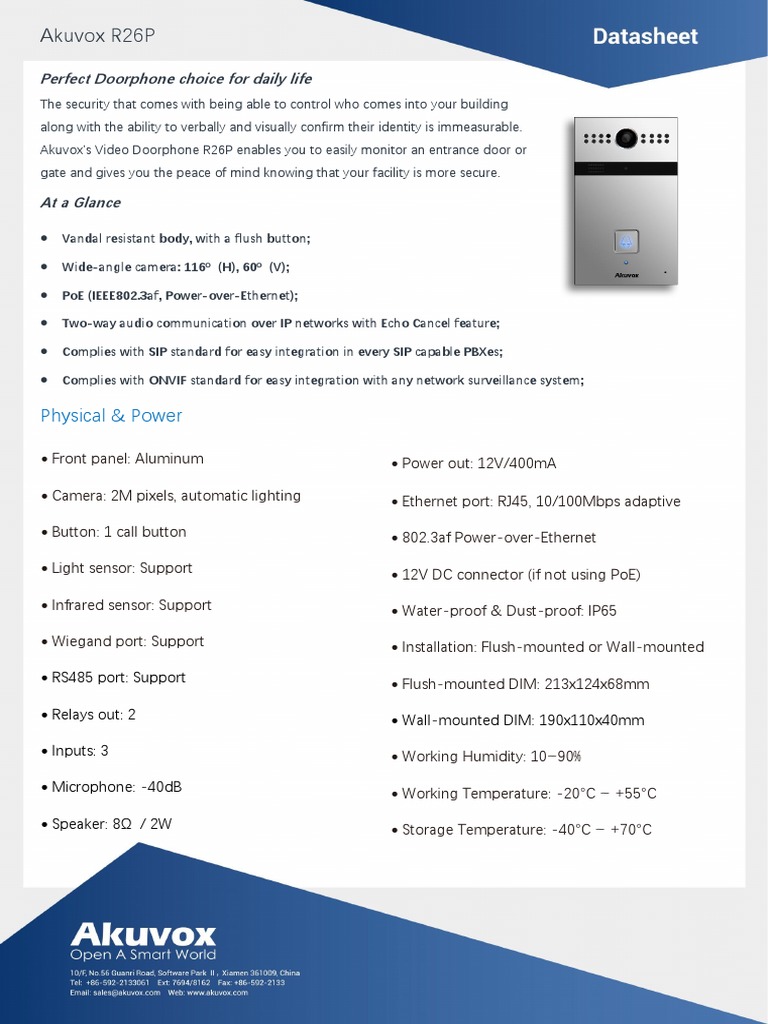 Akuvox R26P Datasheet - 191112 - V2.0 | PDF | Internet | Network Protocols