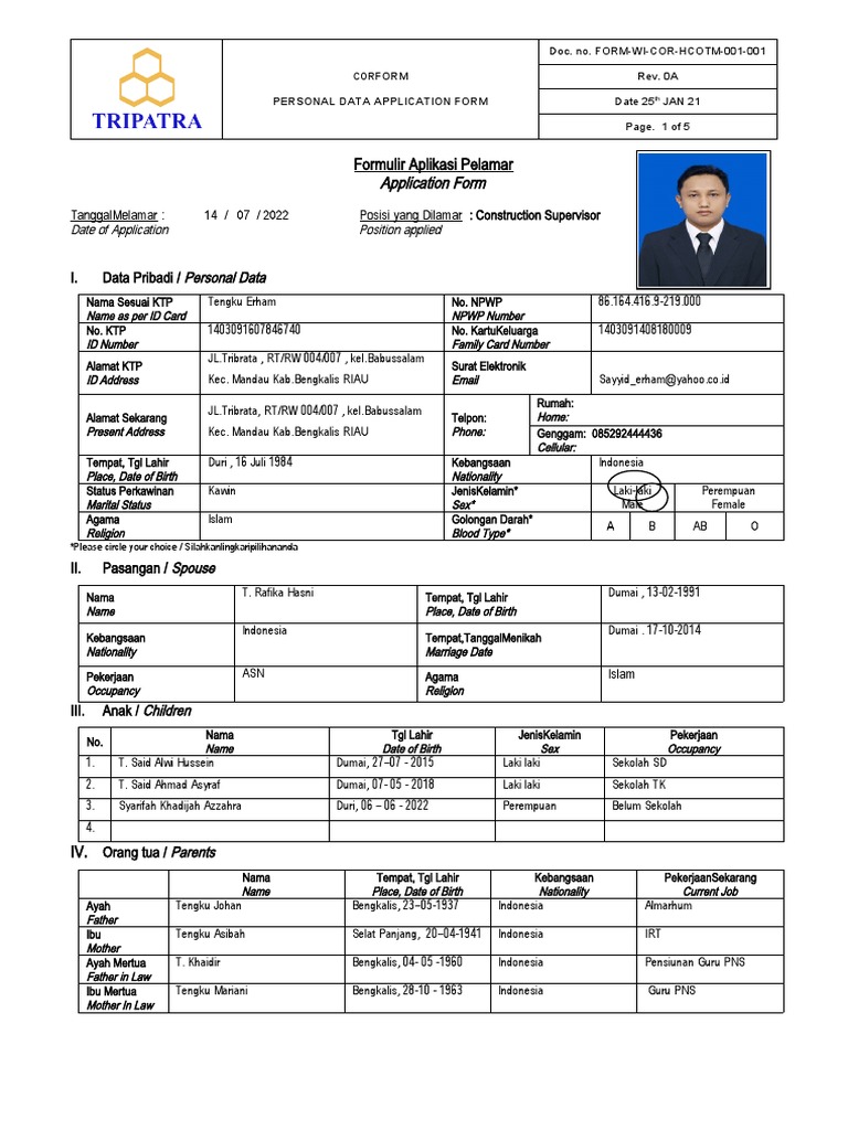Formulir Aplikasi Kerja Tripatra | PDF