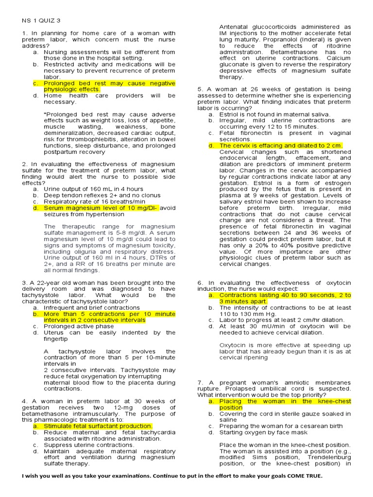 NS 1 Quiz 3 | PDF | Childbirth | Preterm Birth