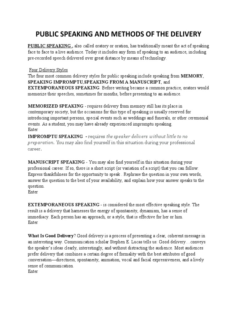 Public Speaking and Methods of The Delivery | PDF | Public Speaking ...