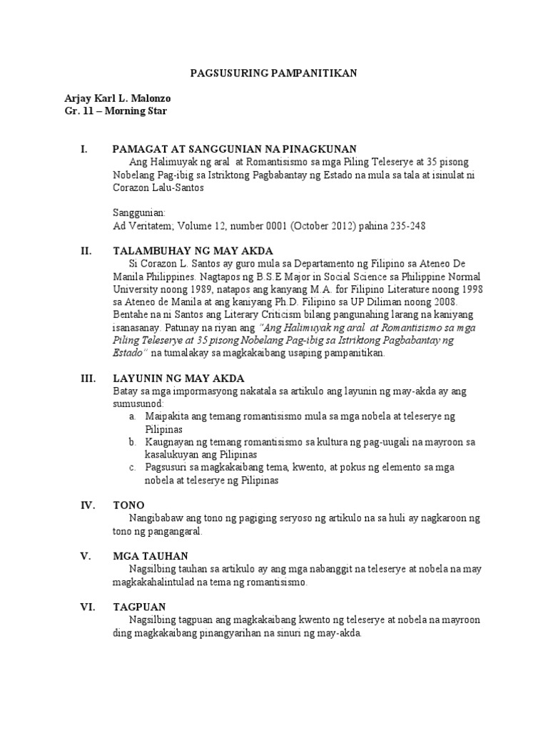 Pagsusuring Pampanitikan - Arjay Karl Malonzo | PDF