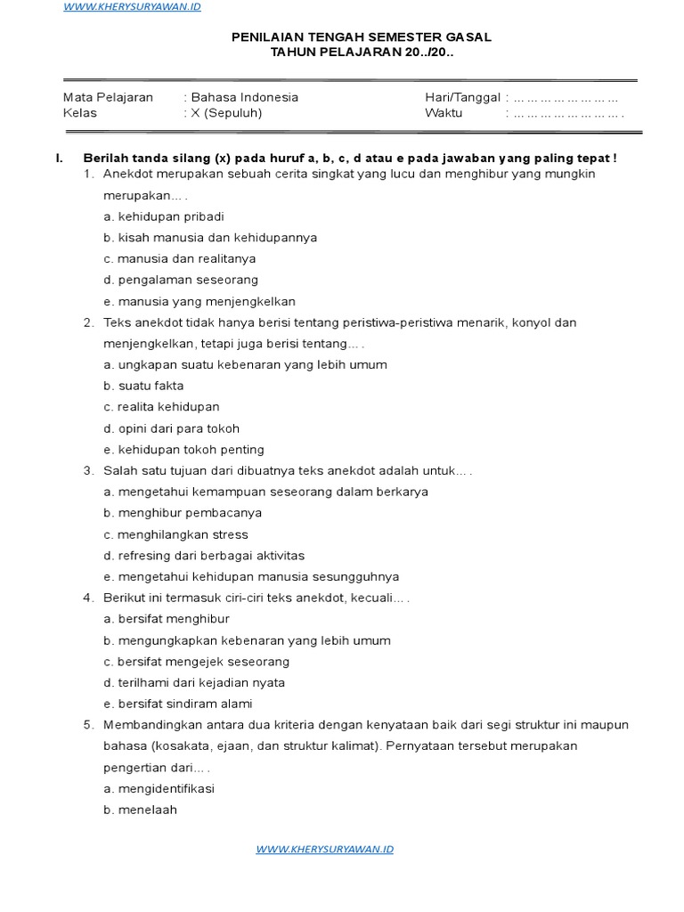 1 - Soal PTS B.Indo Kelas X Ganjil (WWW - Kherysuryawan.id) | PDF | Fiksi Umum