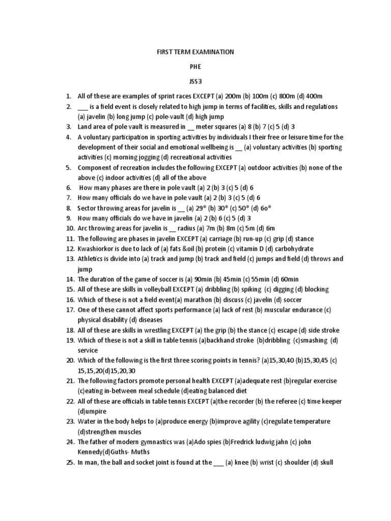 JSS 3 Phe Exam | PDF | Track And Field | Games Of Physical Skill