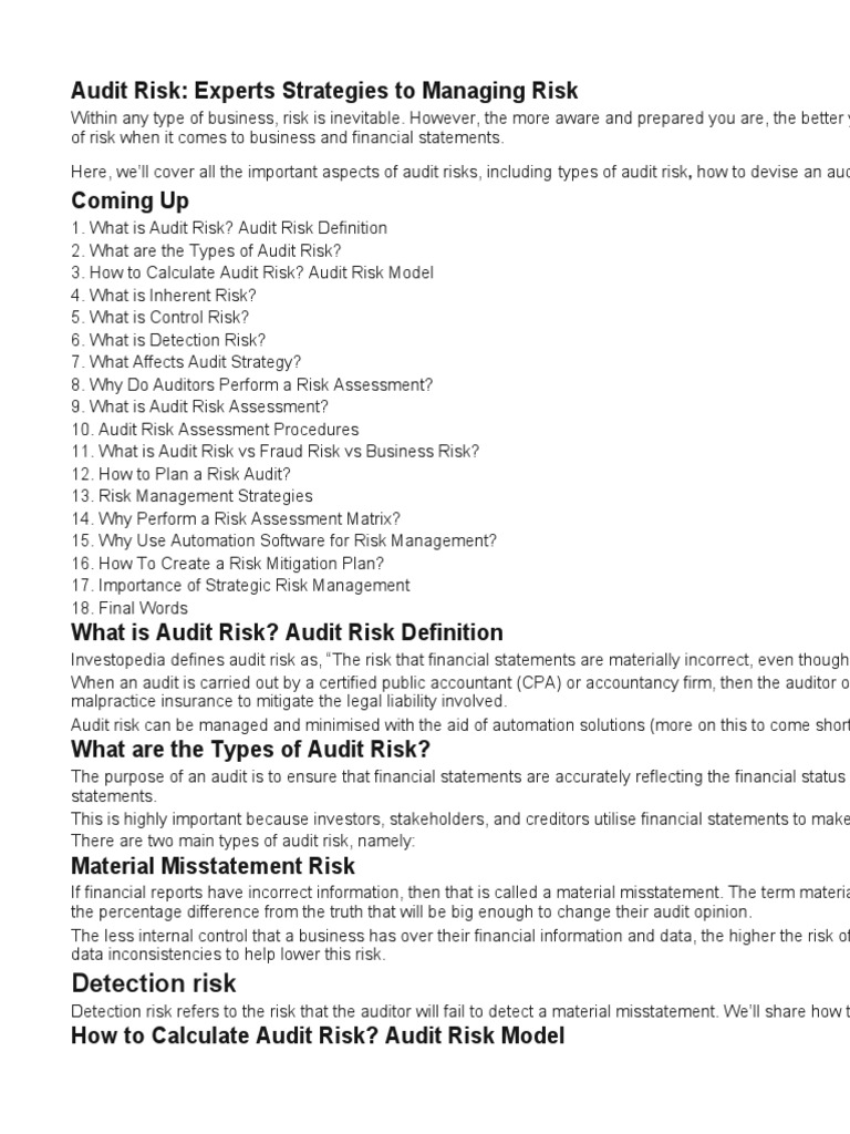 Audit Risk Experts Strategies To Managing Risk | PDF | Financial Audit ... Audit Risk Experts Strategies To Managing Risk | PDF | Financial Audit ...