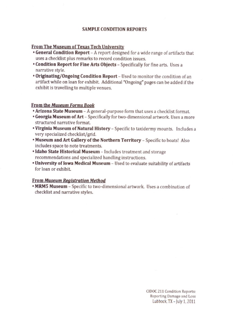 Sample Condition Reports | PDF | Museum | Materials