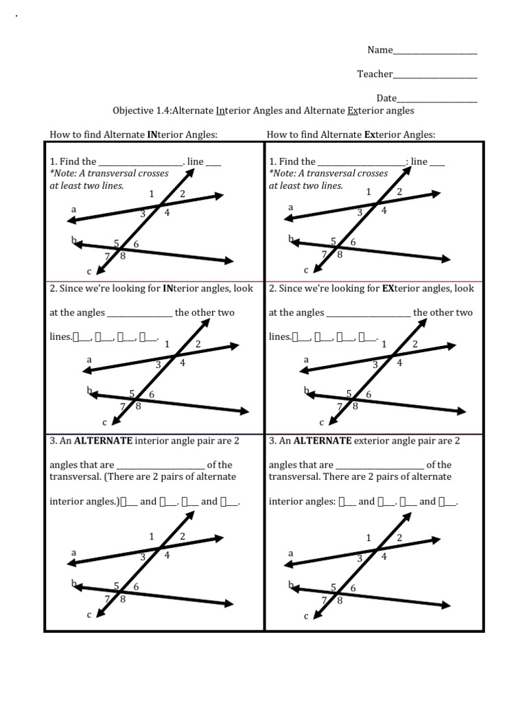 1.4 Identifying Alternate Interior and Exterior Angles (Worksheet ...