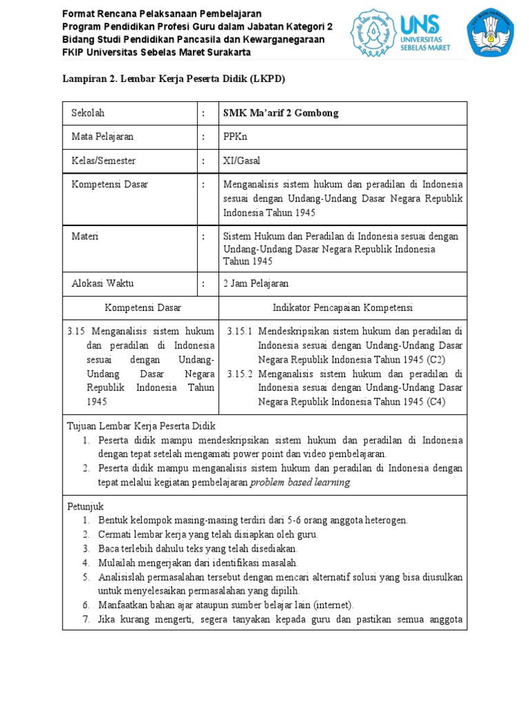 RPP 1 A.3 Lampiran 2. Format LKPD K-2013 Desy Nugraheni-1 | PDF | Hukum