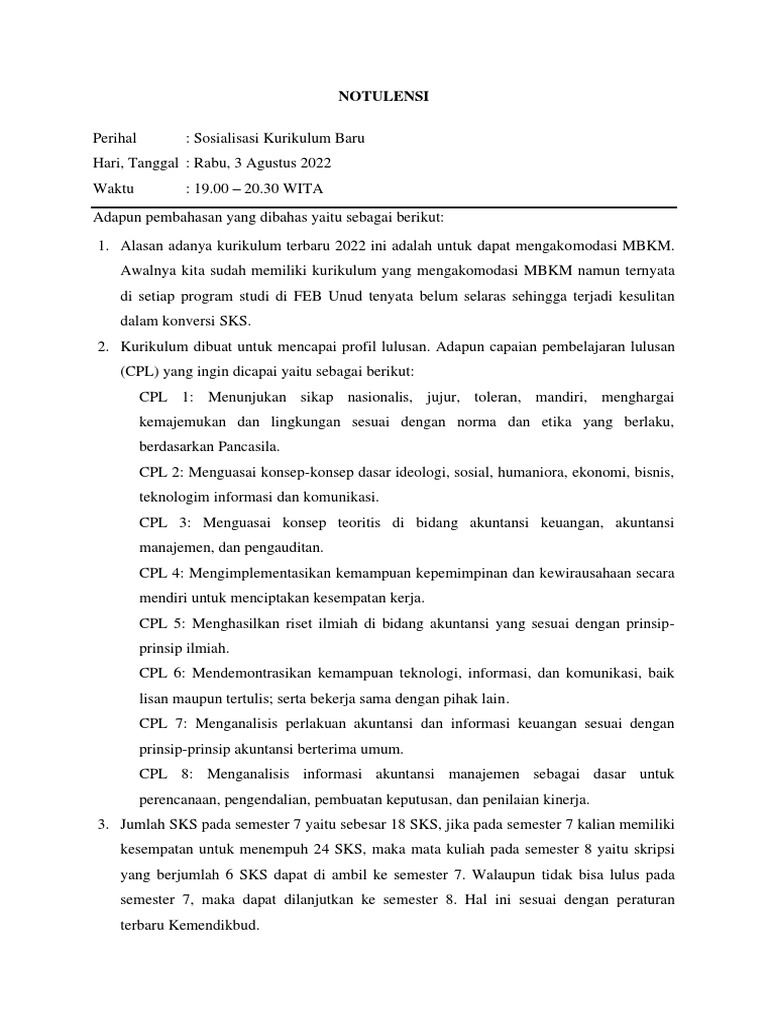Notulensi Sosialisasi Kurikulum Terbaru | PDF