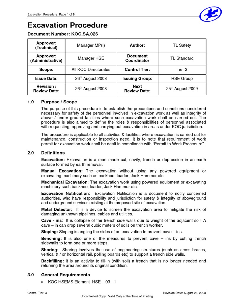 KOC SA 026 Excavation Procedure | PDF | Trench | Safety