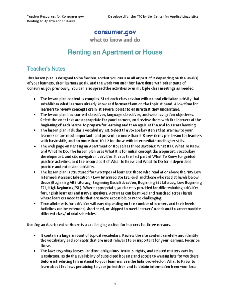 Rentingapartment Lessonplan Final | PDF | Lease | English As A Second ...