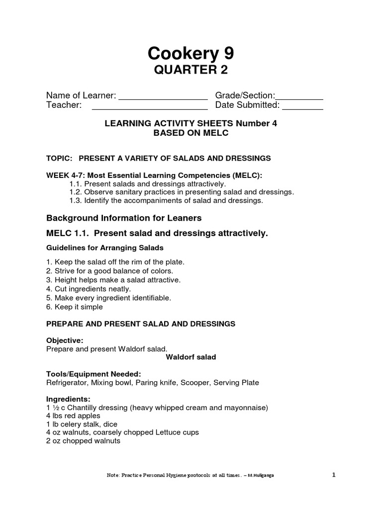 Las#4 Cookery 9 QTR2 | PDF | Salad | Foods