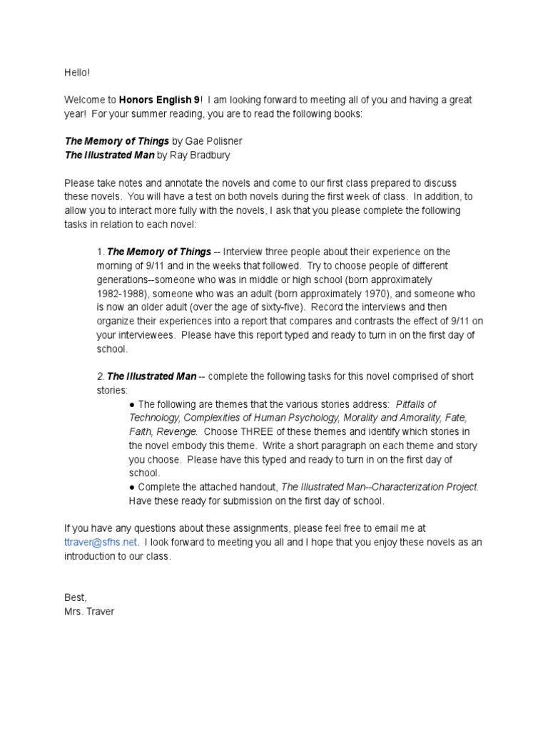 Honors English 9: Summer Reading Assignments | PDF | Cognition ...
