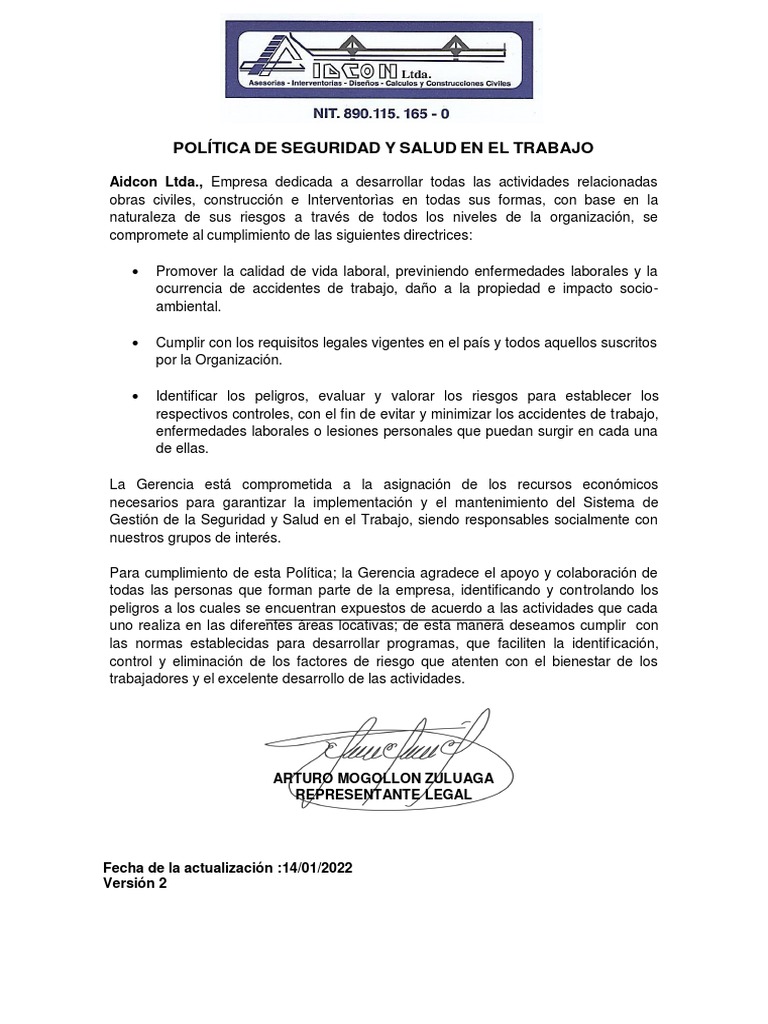 1.política de Seguridad y Salud en El Trabajo | PDF | Negocios