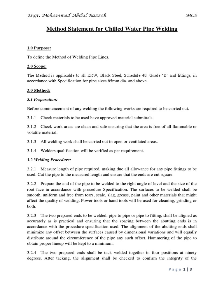 Chilled Water Pipe Welding Method Statement | PDF | Welding | Construction