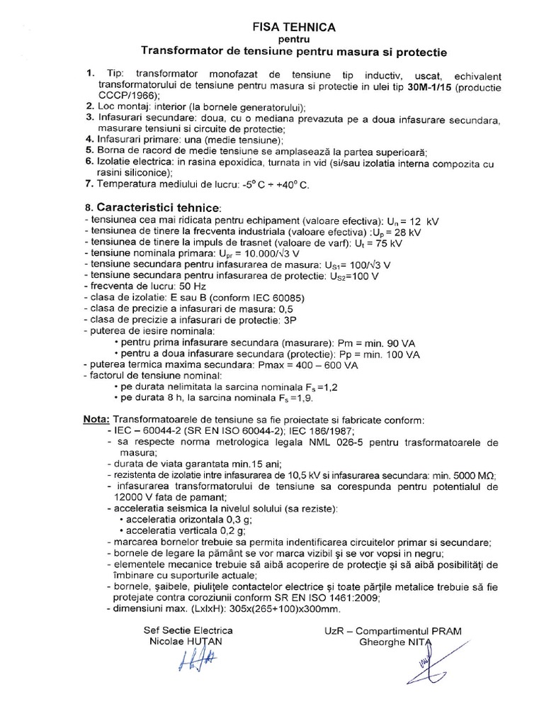 Fisa Tehnica - TRANSFORMATOR DE TENSIUNE - CTE SUD | PDF