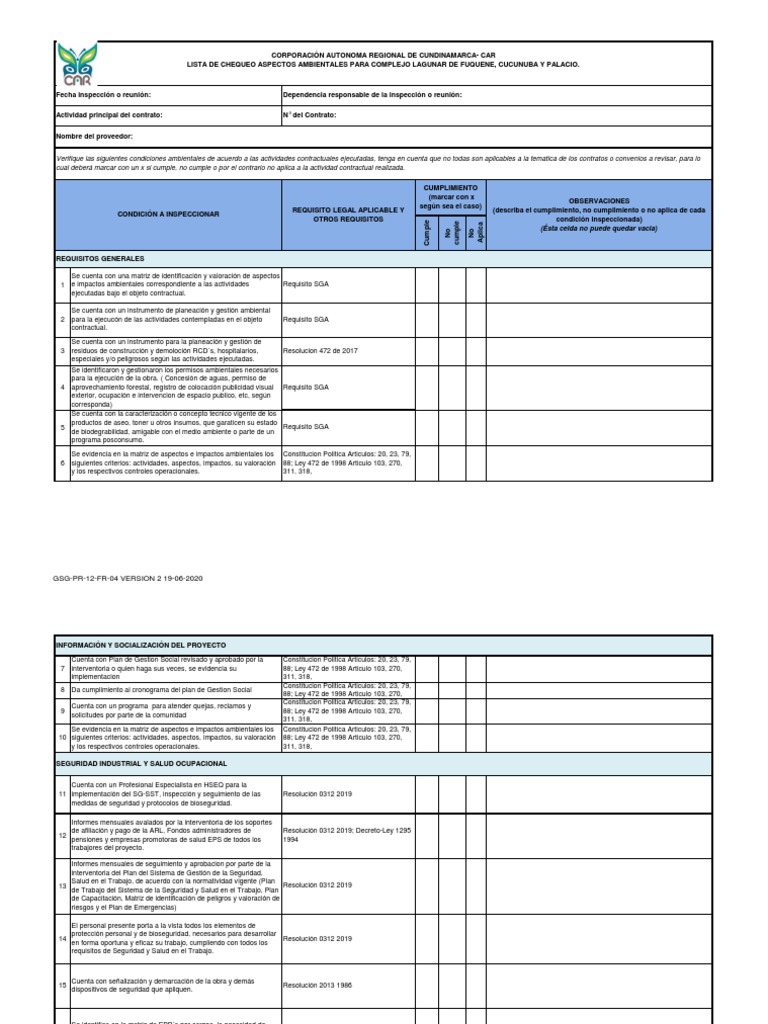 Lista de Chequeo Fichas Ambientales JUNIO 2021 | PDF | Residuos | Entorno natural