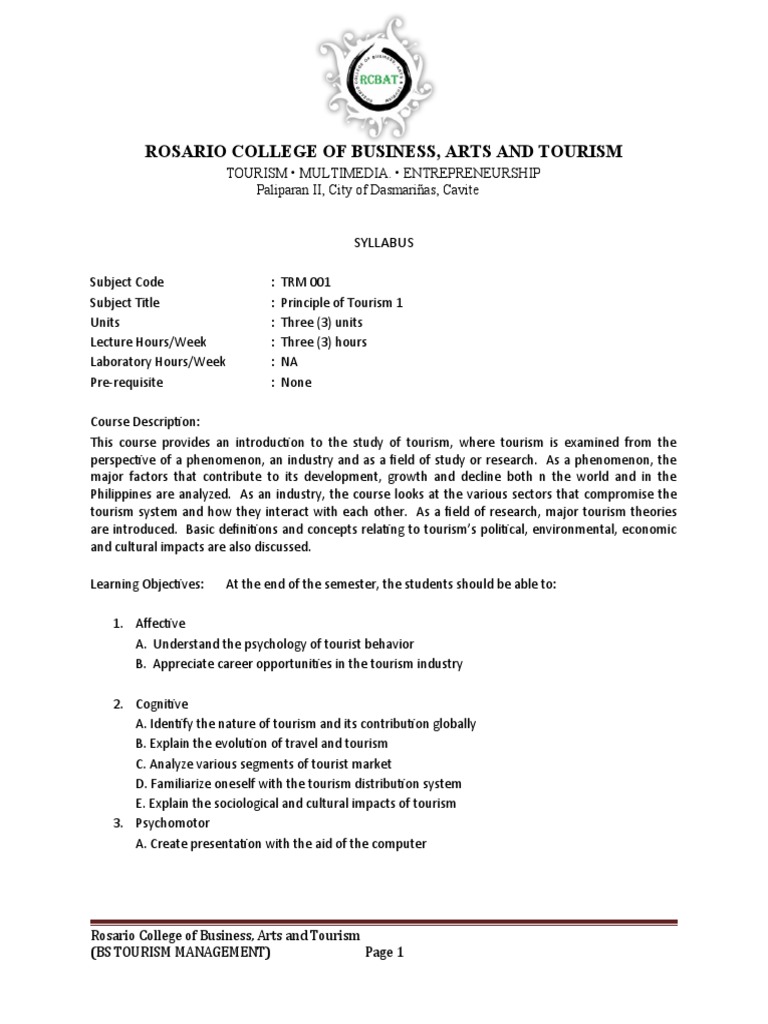 Rosario College Tourism Syllabus for Principles of Tourism 1 | PDF ...