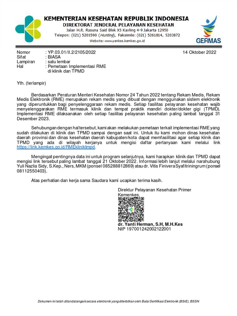 Surat Pemetaan Implementasi RME Di Klinik & TPMD | PDF