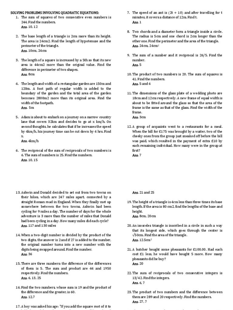 Solving Problems Involving Quadratic Equations | Download Free PDF | Area | Length