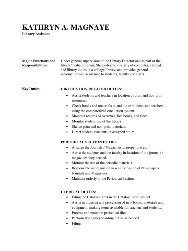 Job Description Library Assistant | PDF