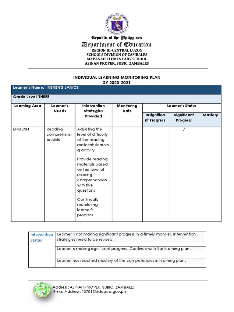 Individual Learning Monitoring Plan | PDF | Learning | Cognition