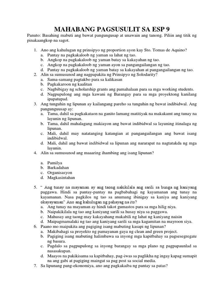 Mahabang Pagsusulit Sa Esp 9 | PDF