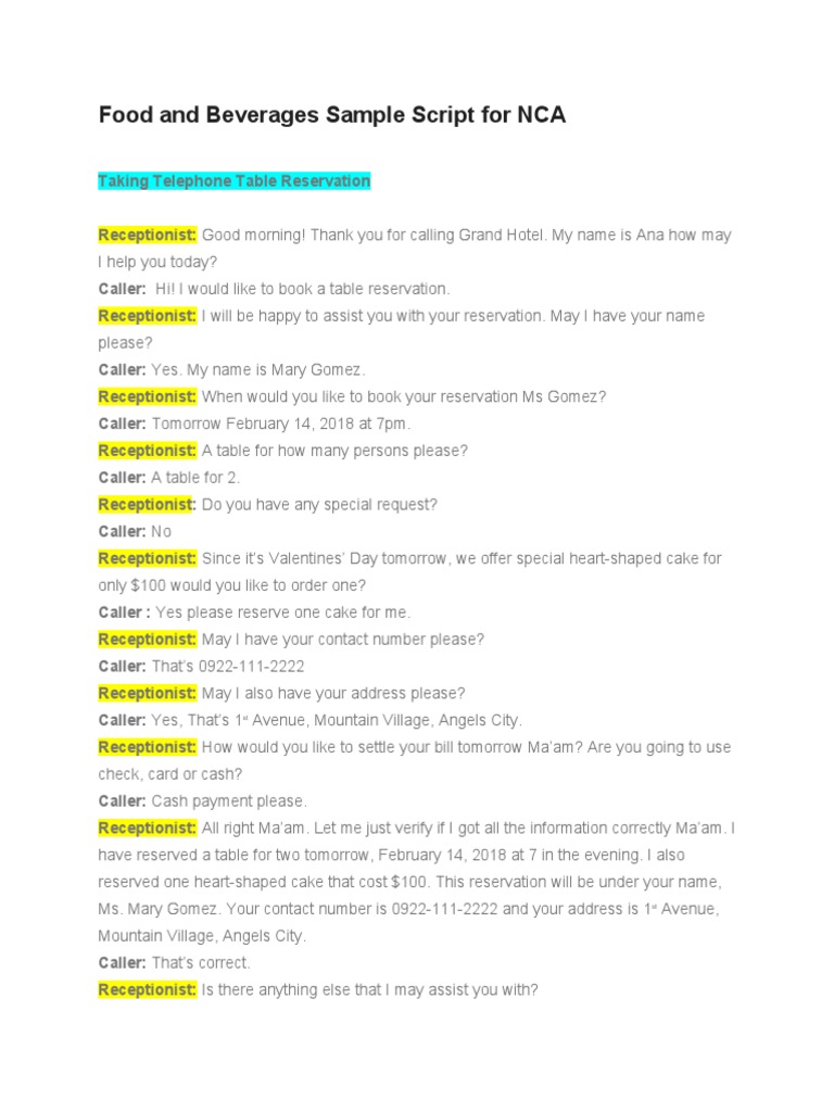 Food and Beverages Sample Script For NCA | PDF | Waiting Staff | Menu