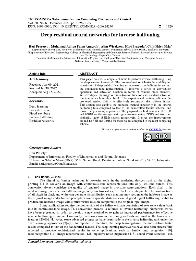 Deep Residual Neural Networks For Inverse Halftoning | PDF | Deep Learning | Computer Science