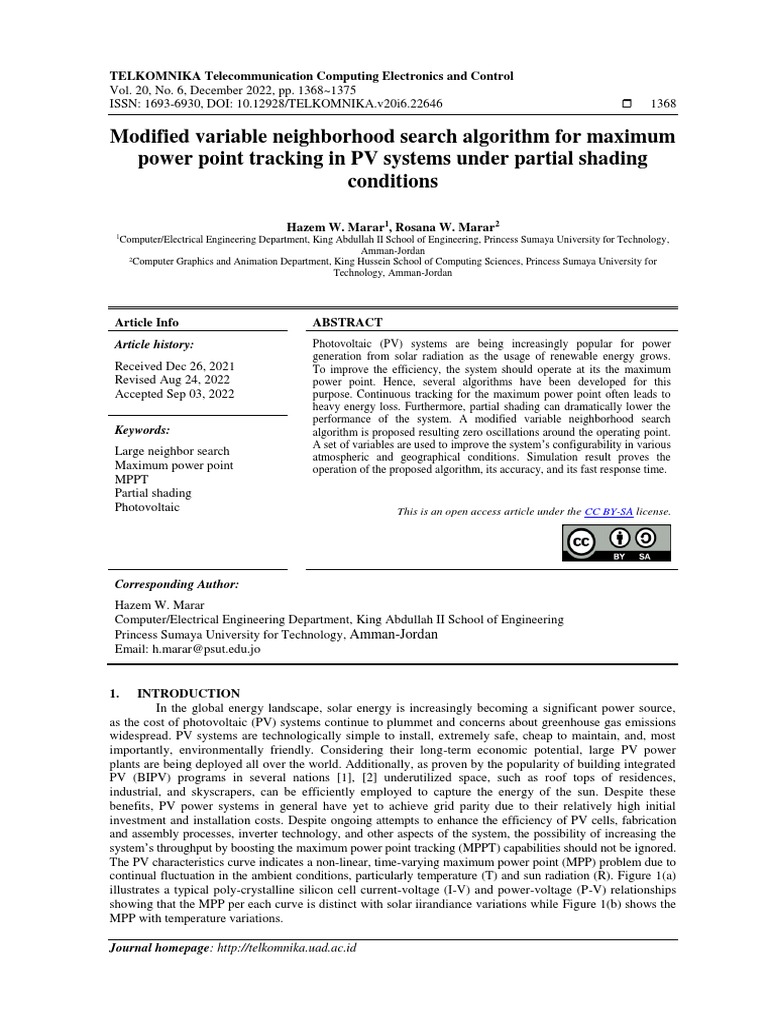 Modified Variable Neighborhood Search Algorithm For Maximum Power Point Tracking In Pv Systems