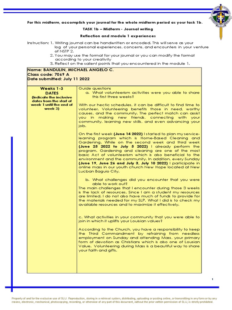M1 - Midterm Journal | Download Free PDF | Service Learning | Experience