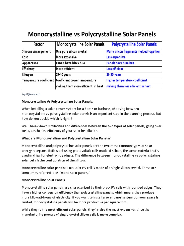 Monocrystalline Vs Polycrystalline Solar Panels All | PDF | Solar Cell ...