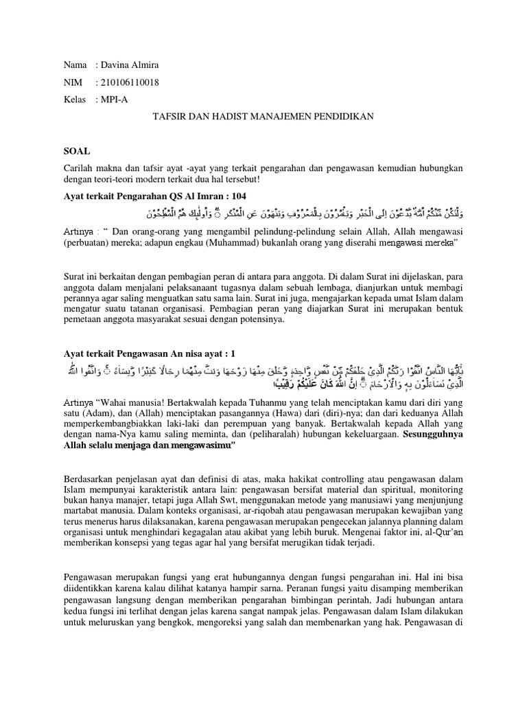 Davina Almira - 210106110018 - Tafsir Hadist Mpi | PDF