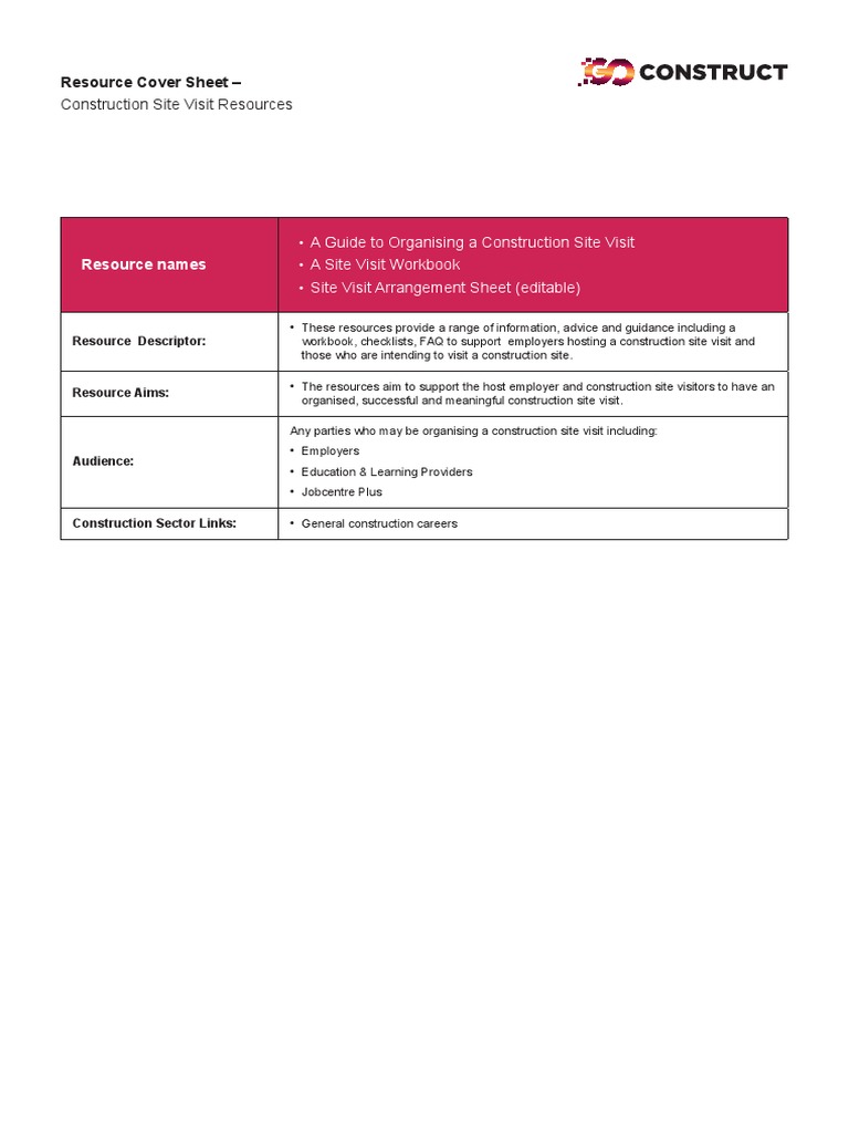 Resource Cover Sheet - Construction Site Visit | PDF