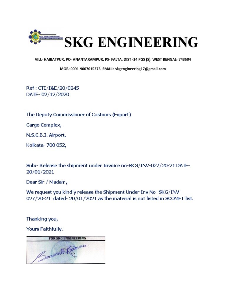 Shipment Release Request for SKG Engineering | PDF