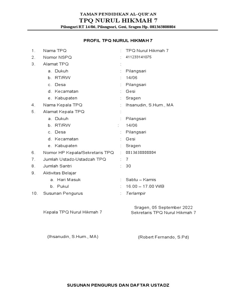 2 Contoh Profil TPQ | PDF