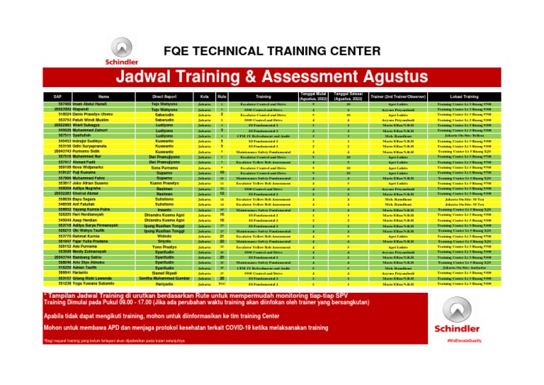 Jadwal Training Agustus 2022 FQE | PDF
