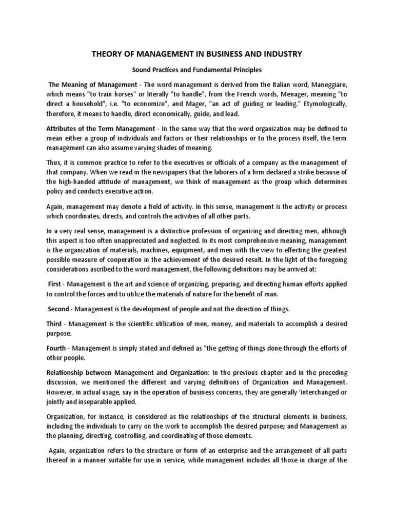 Chapter 3 THEORY OF MANAGEMENT IN BUSINESS AND INDUSTRY | PDF ...