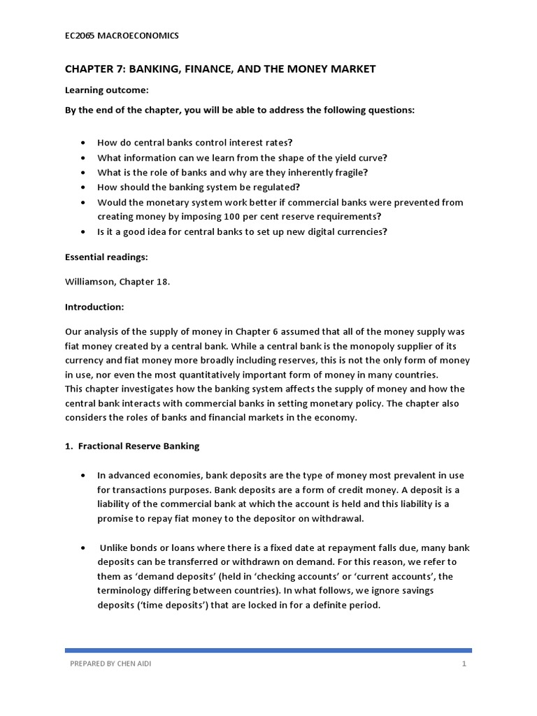Macroeconomics EC2065 CHAPTER 7 - BANKING, FINANCE, AND THE MONEY ...