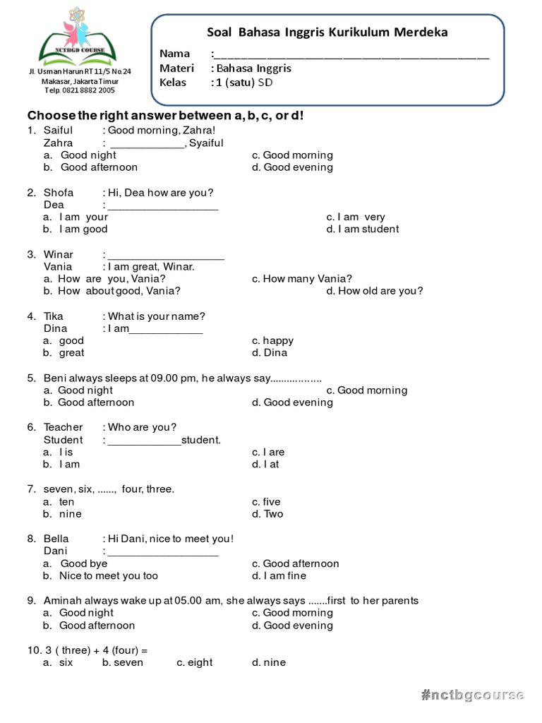 Soal Bahasa Inggris Kelas 1 Part 1 Pdf