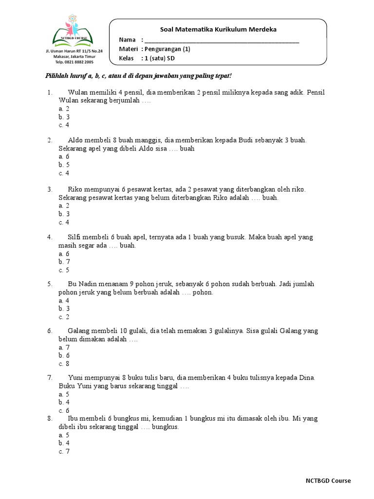 Soal MTK Cerita Pengurangan (1) Kelas 1 | PDF