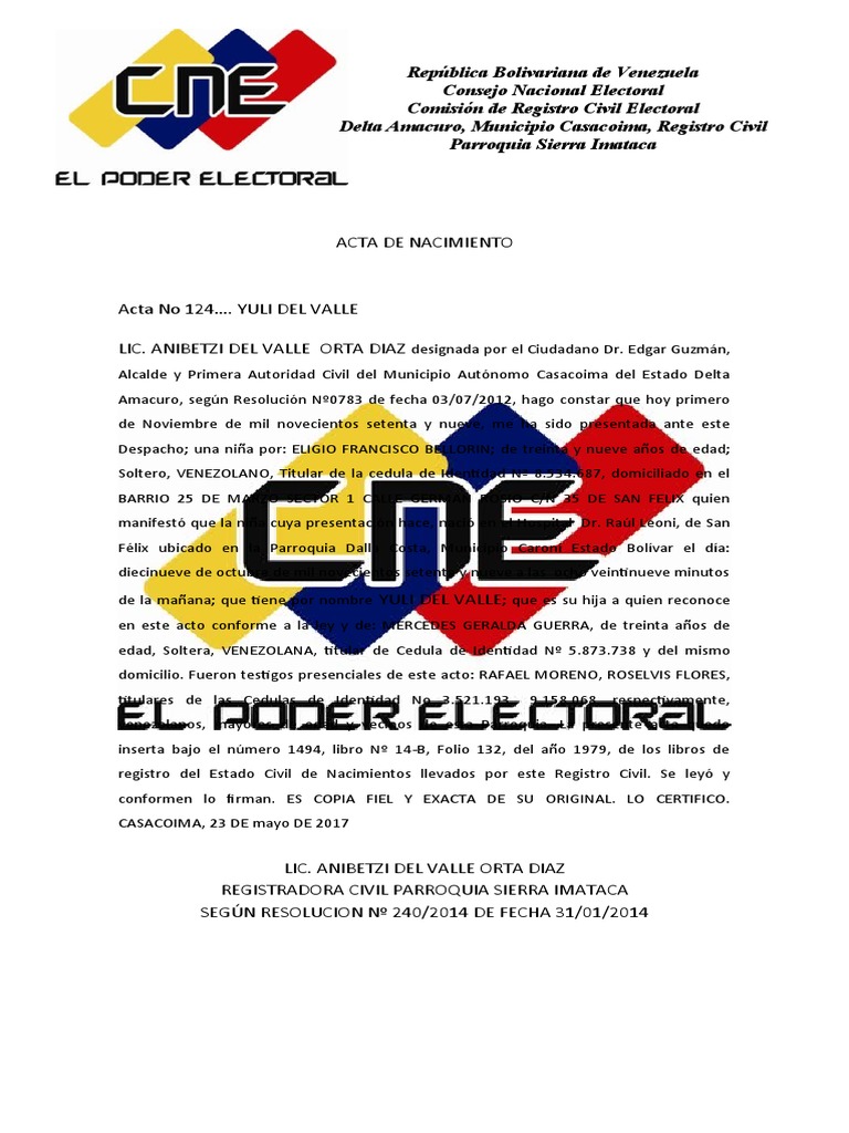 Acta de nacimiento de Yuli del Valle en el municipio de Casacoima, Delta Amacuro, Venezuela en ...