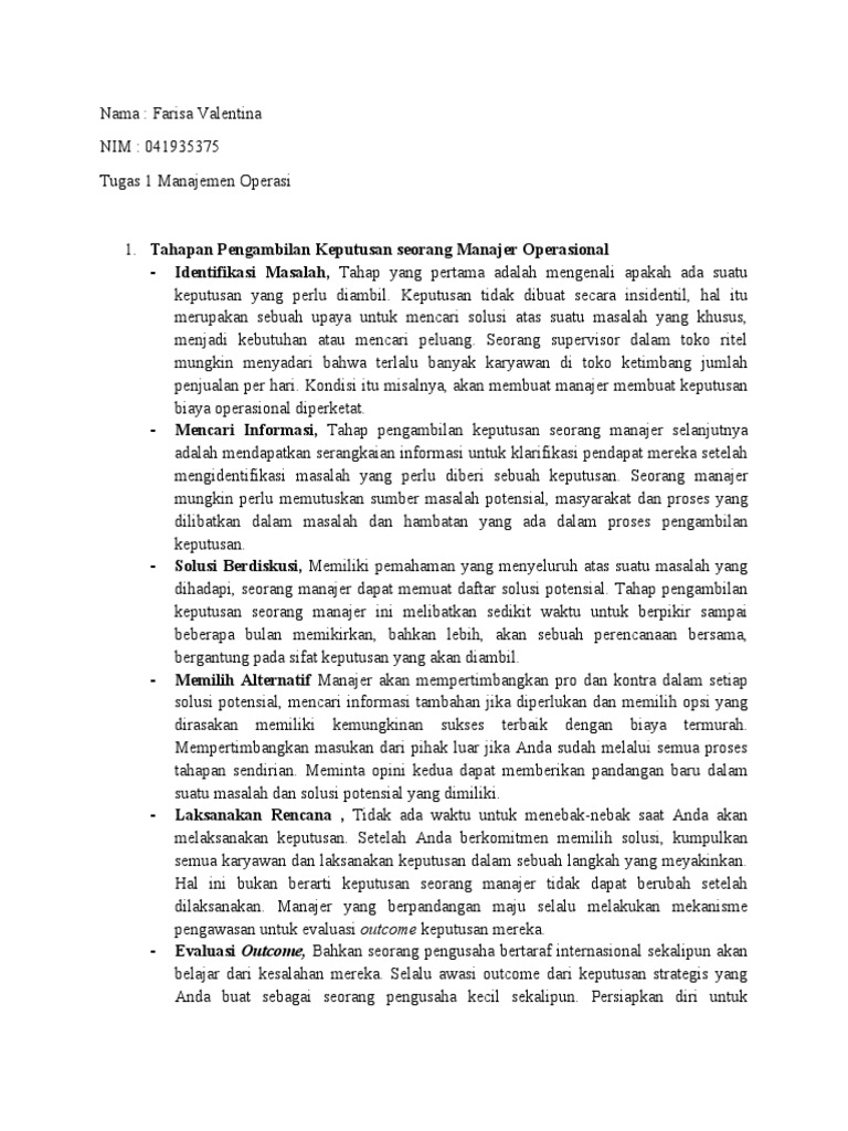 Manajemen Operasi (Farisa Valentina) | PDF | Bisnis