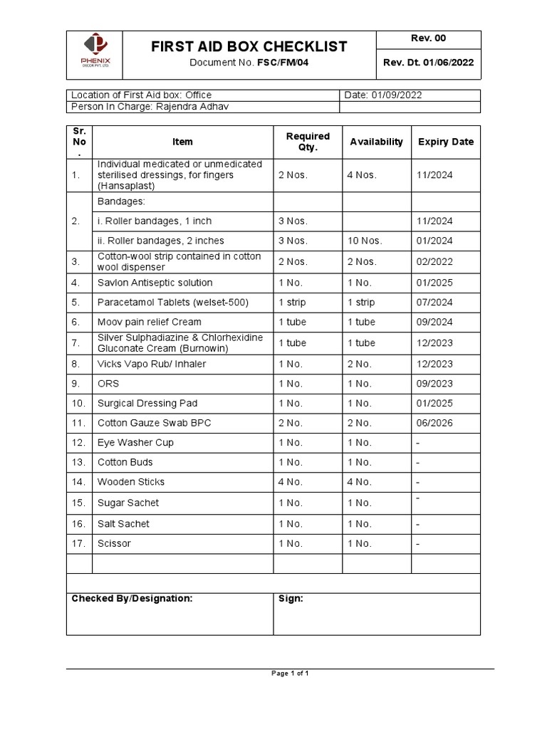 FSC-FM-04 First Aid Box Checklist | PDF