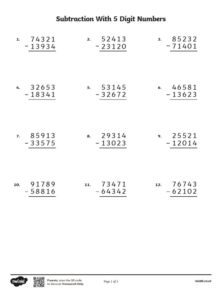T He 182 Long Subtraction With 5 Digit Numbers Worksheets - Ver - 1 | PDF