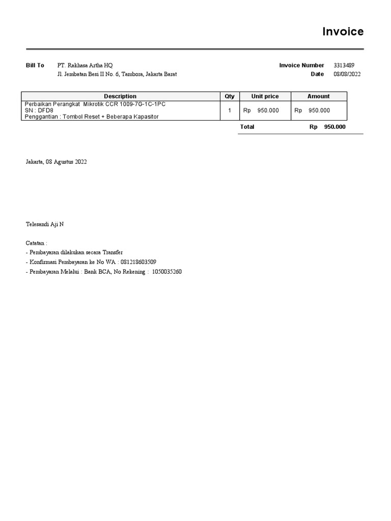 Invoice Perbaikan Mikrotik CCR 1009 | PDF