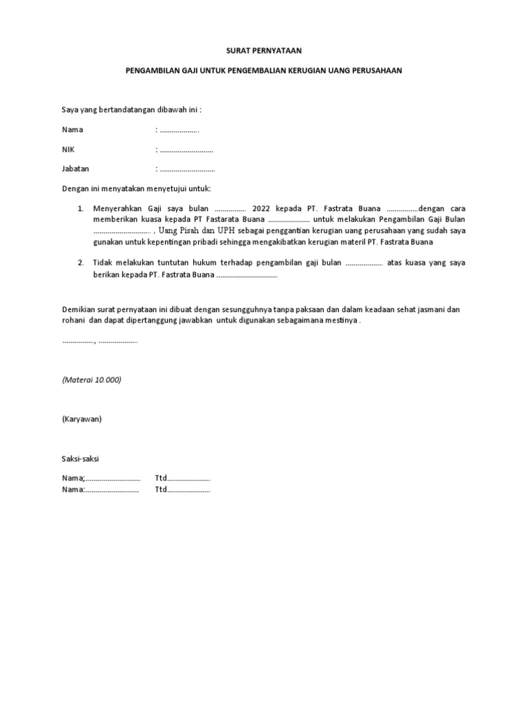 Draft Surat Pernyataan Pengambilan Gaji Dan Surat Kuasa Serta ...