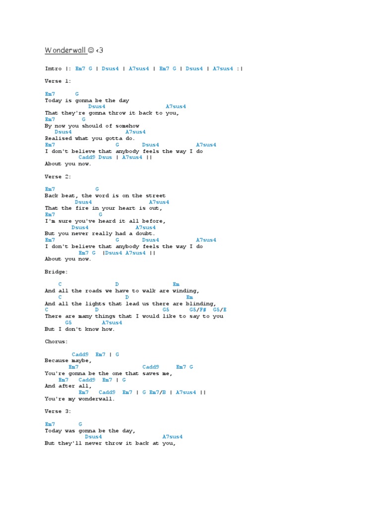 Wonder Wall Pdf Song Structure Songs