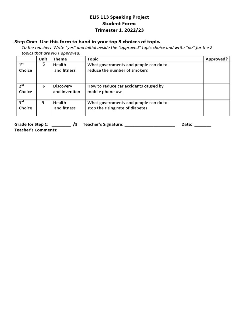 ELIS 113 Speaking Project Step 1 | PDF