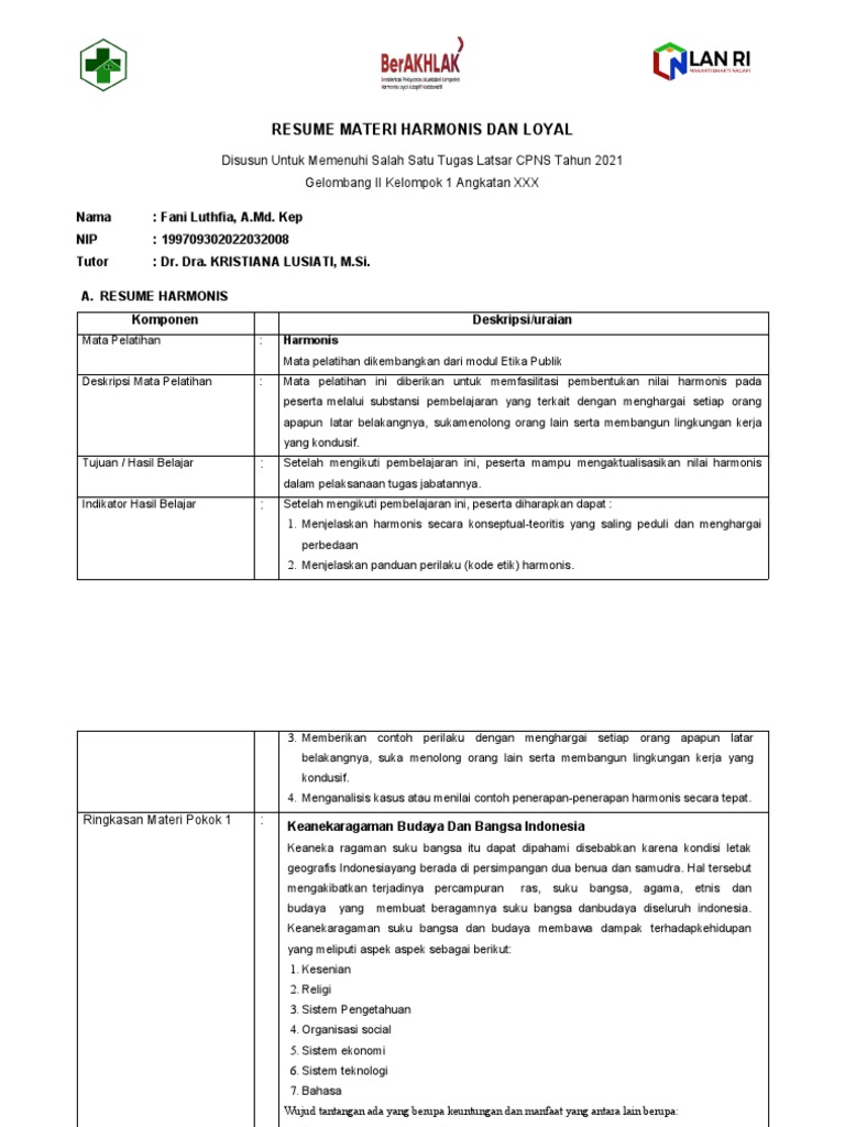 Resume Materi Harmonis Dan Loyal | PDF